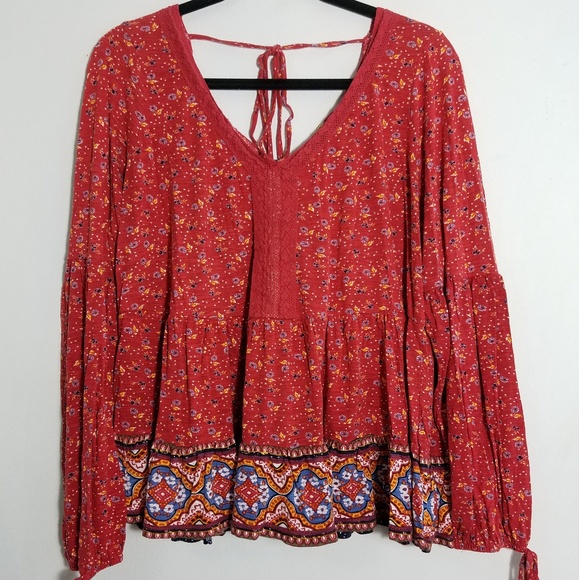 True Craft | Tops | Boho True Craft Red Floral Peplum Tie Back Top 2x ...